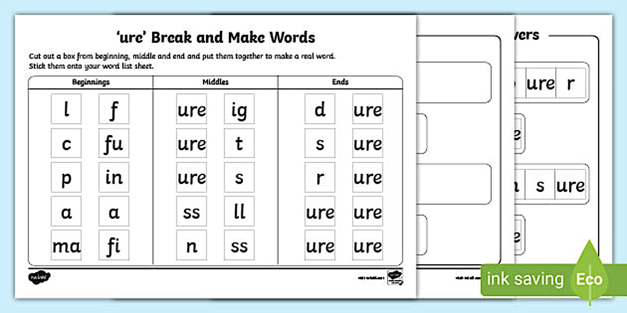 'ure' Break and Make Words Worksheet - Twinkl