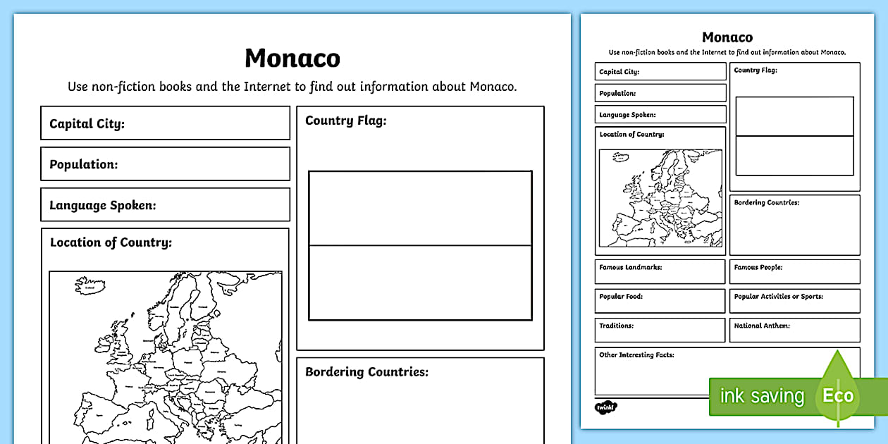 Monaco Fact File Writing Template (teacher made) - Twinkl