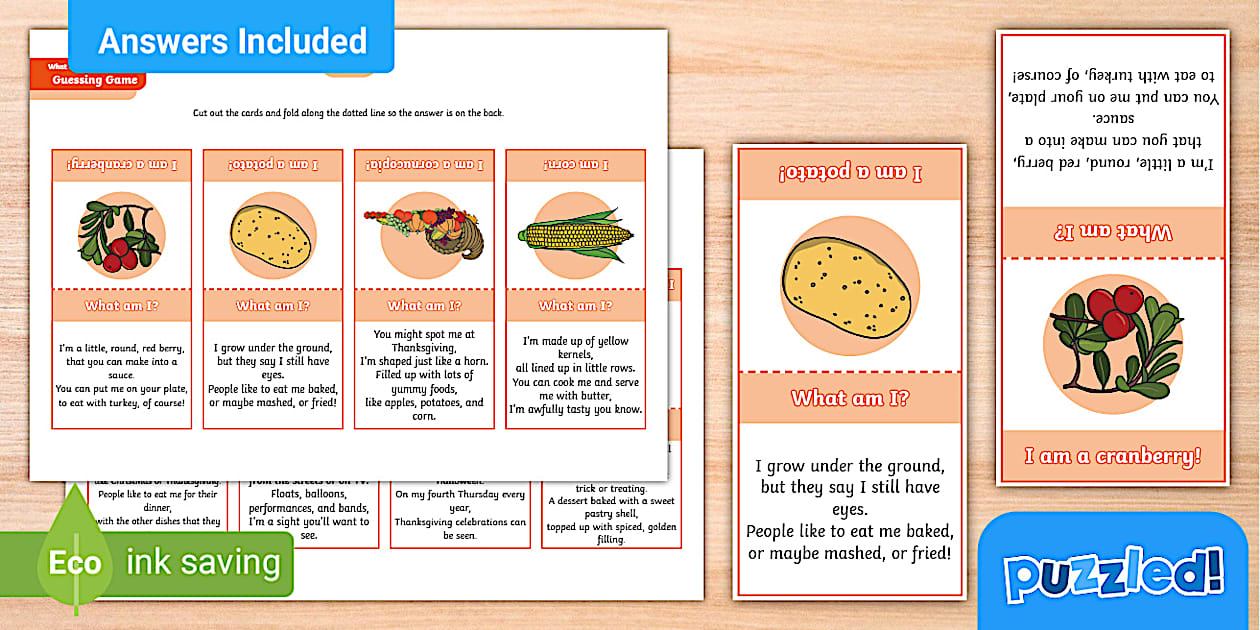 Thanksgiving What Am I? Guessing Game Puzzle Cards - Twinkl