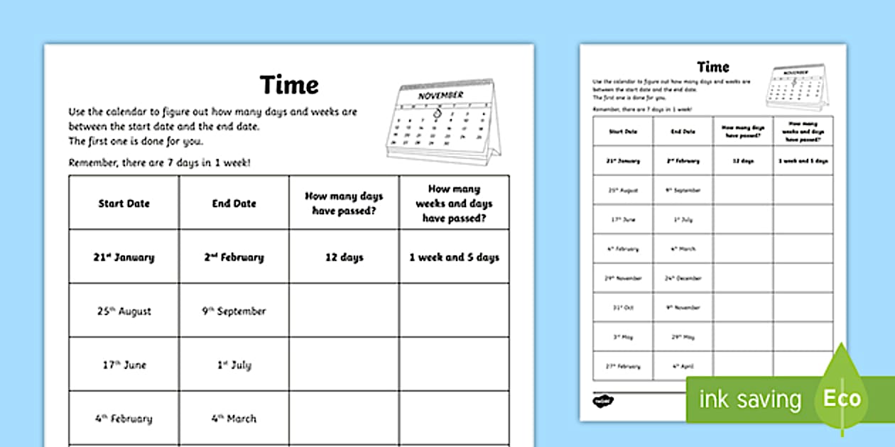 Using a Calendar for Days and Weeks Worksheet - Twinkl
