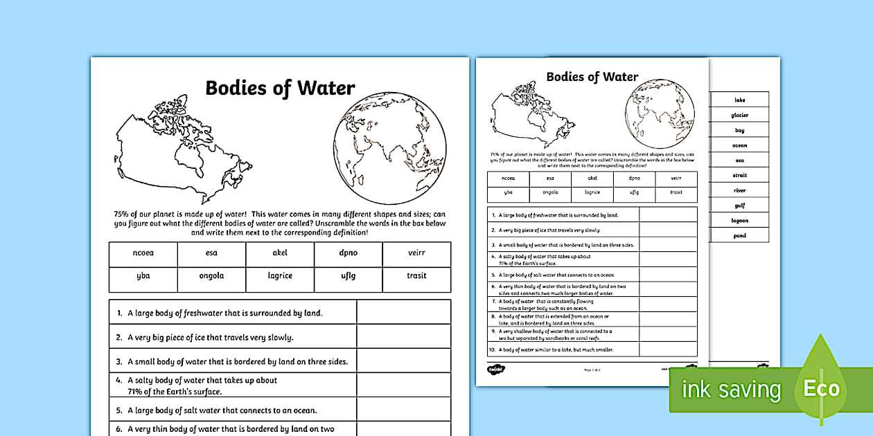 Bodies of Water Worksheet / Worksheet - Twinkl
