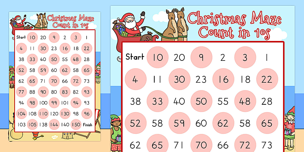 Christmas Counting in 10s Maze Worksheet - Twinkl