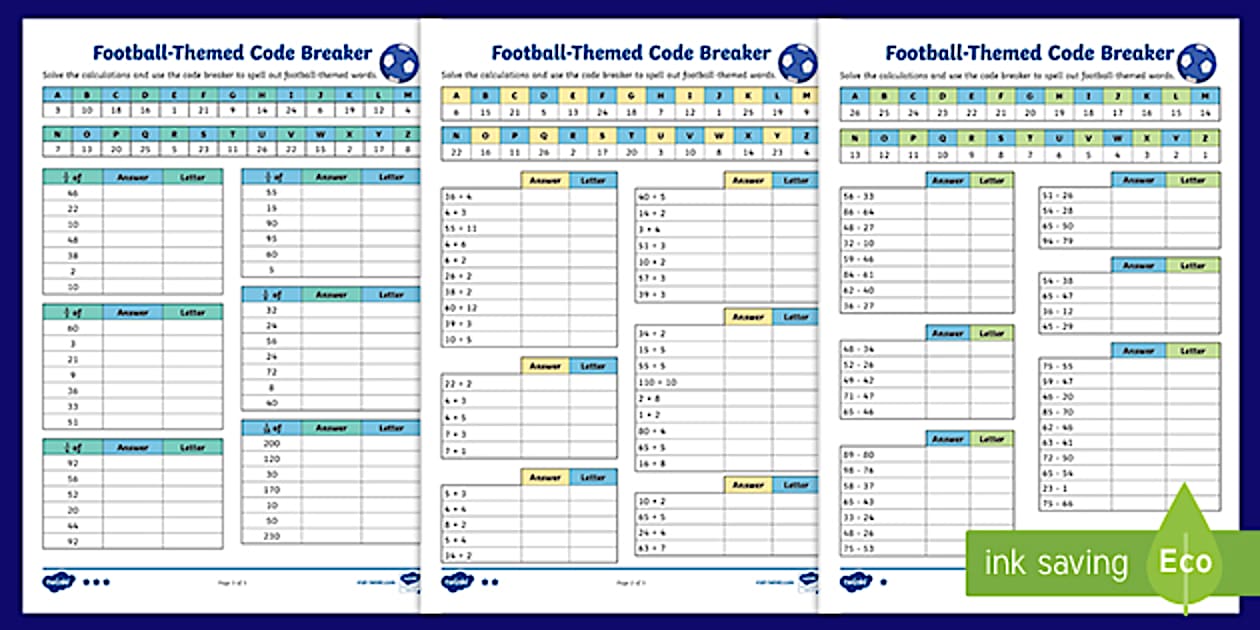 LKS2 Football Themed Code Breaker Differentiated Worksheets