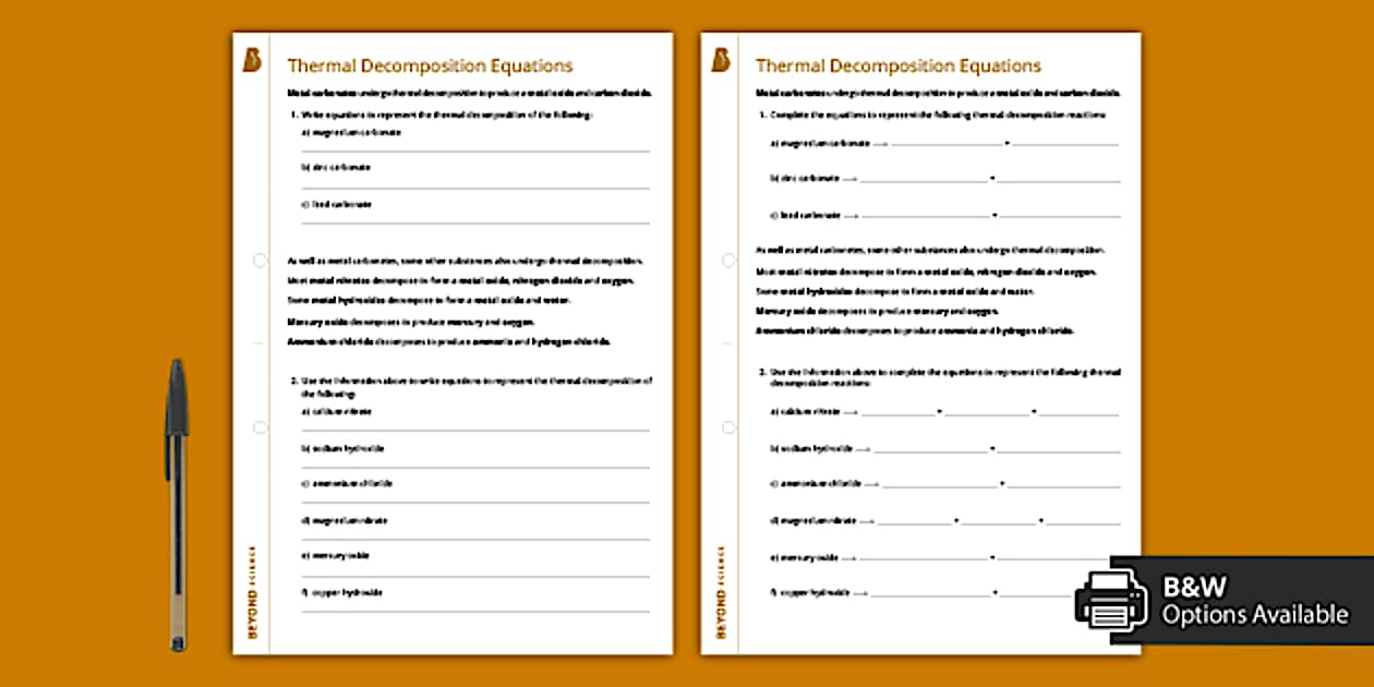 Thermal Decomposition Equations Worksheet (teacher made)