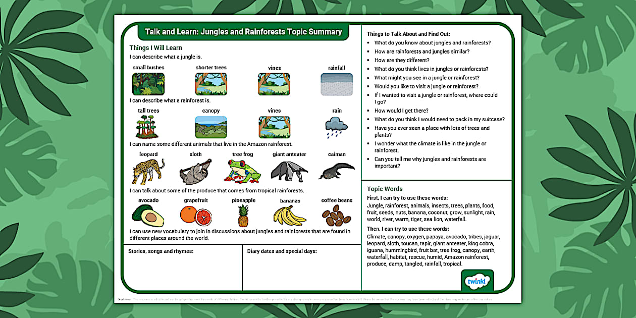 Talk and Learn: Jungle and Rainforest Home Learning Summary