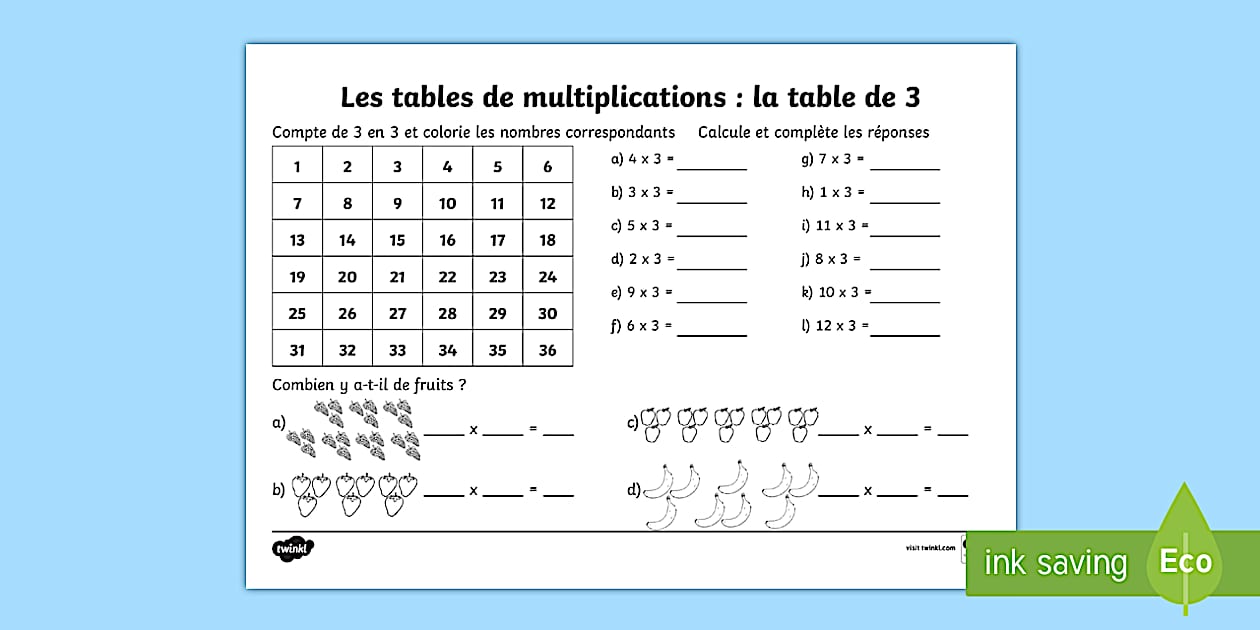 Fiche de calcul: la table de 3 les multiplications Feuille d'activités