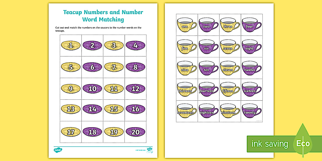 KS1 Teacup Numbers and Number Words Match Up Worksheet