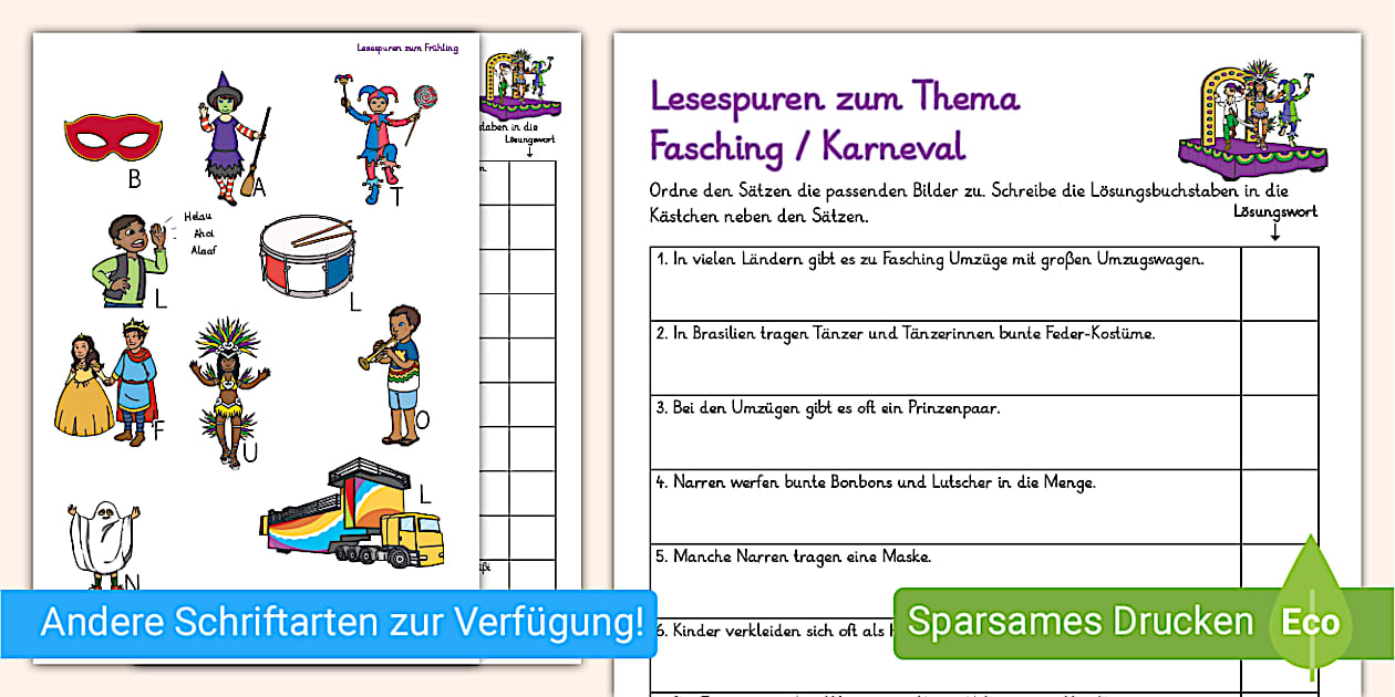 Fasching/Karneval: Lesespur für Erstleserinnen und Erstleser