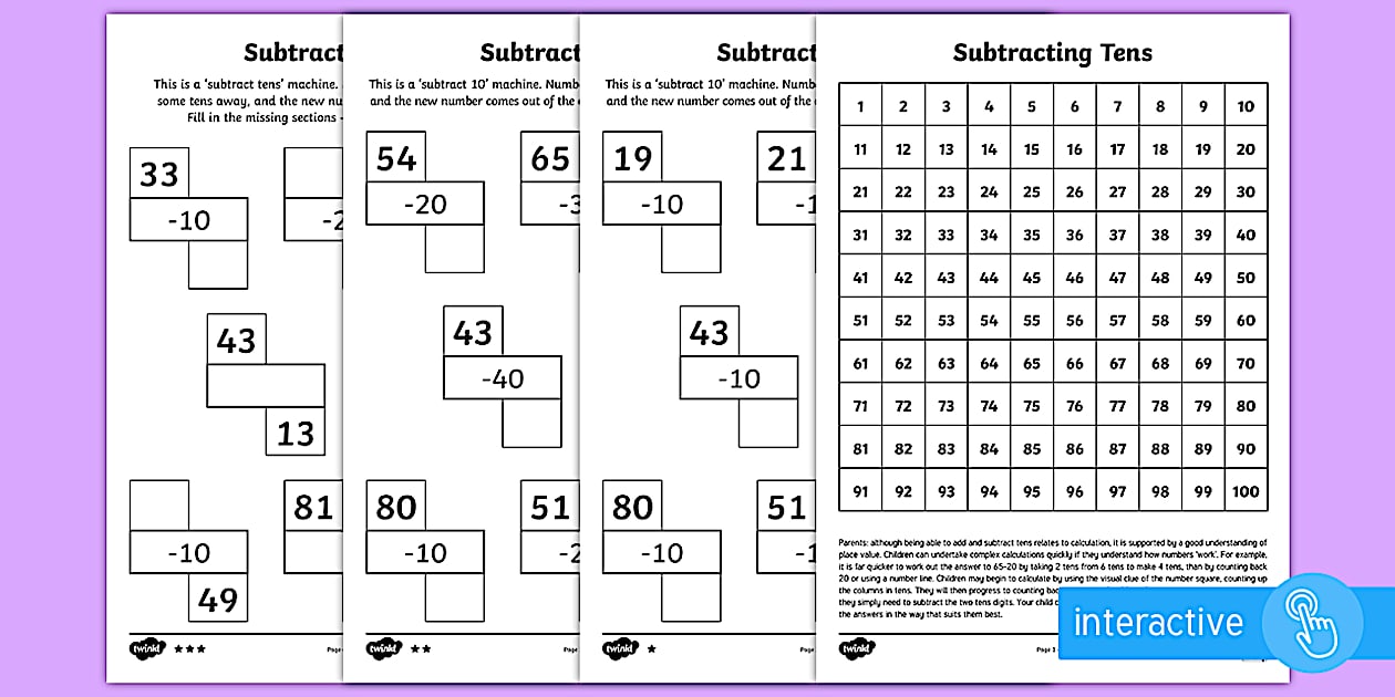 Subtracting Tens Worksheet (teacher made) - Twinkl