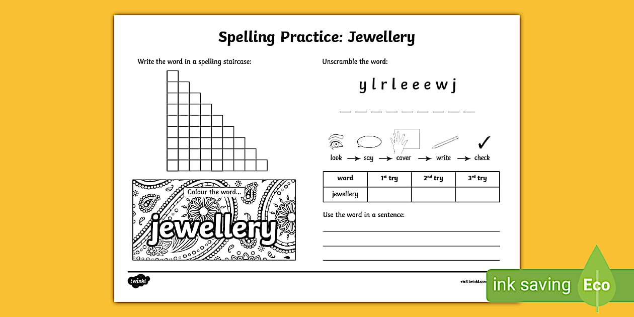 Jewellery Spelling Practice Worksheet (Teacher-Made)