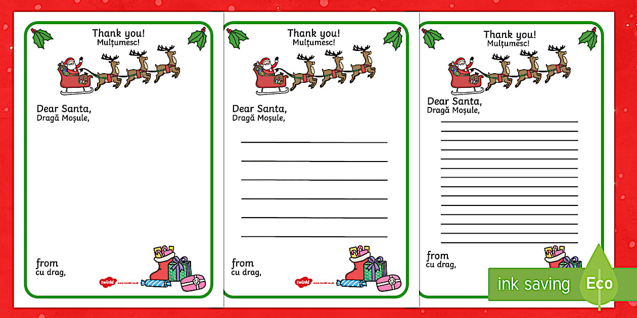 Thank You Letter to Santa Writing Template Romanian Translation