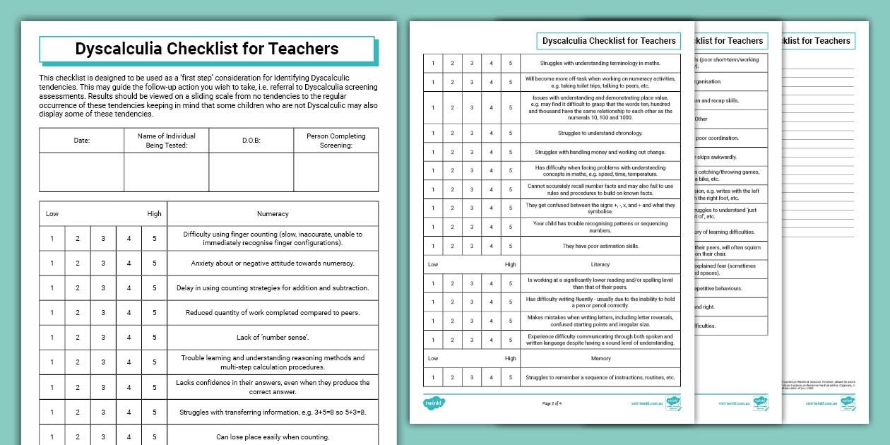 Dyscalculia Initial Screening Checklist for Teachers