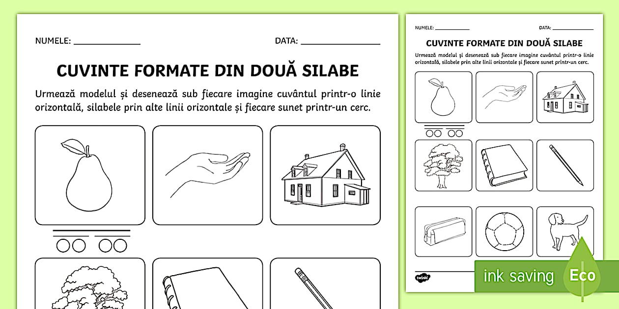 Cuvinte cu două silabe – Fișă de lucru | Twinkl România