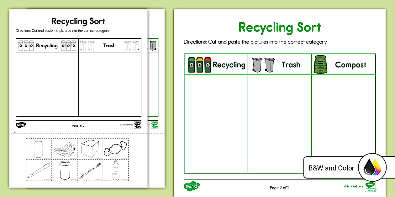 Recycling Sort Cut and Paste Activity Worksheet for K-2nd Grade