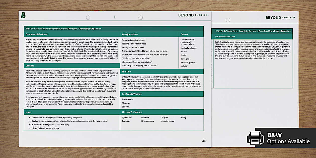 With Birds You're Never Lonely | GCSE Knowledge Organiser