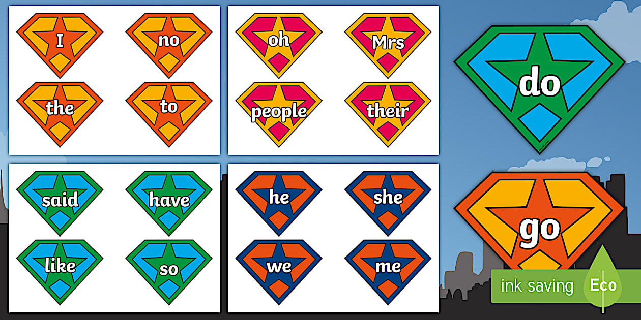Editable Phase 2-5 Tricky Words on Superhero Cut Out Badges