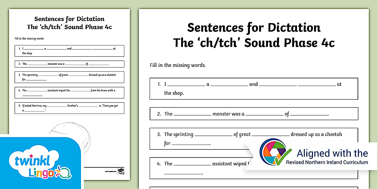 Linguistic Phonics Phase 4c 'ch, tch' Dictation Sentences Teacher Worksheet