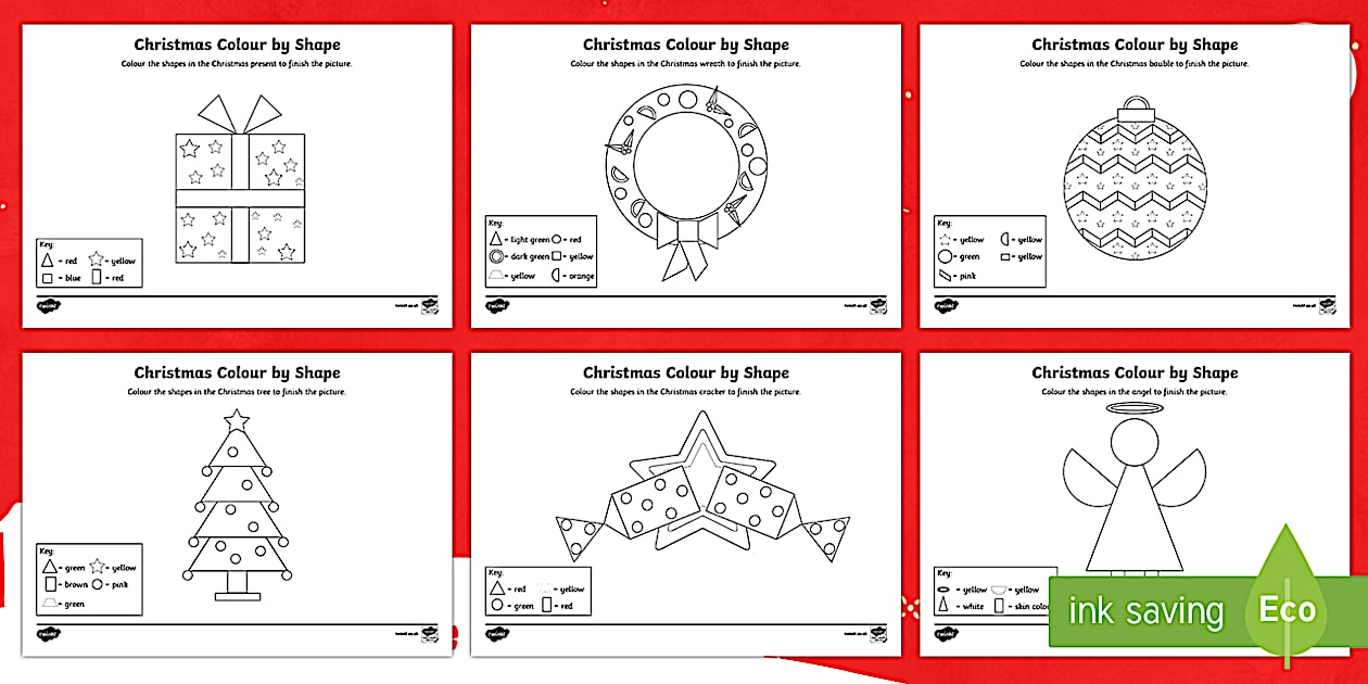Christmas Themed Colour by 2D Shape Worksheet / Worksheet