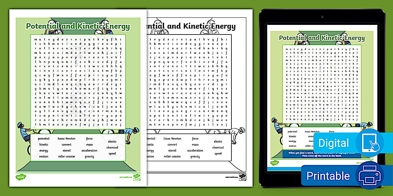 Potential and Kinetic Energy Word Search for 6th-8th Grade