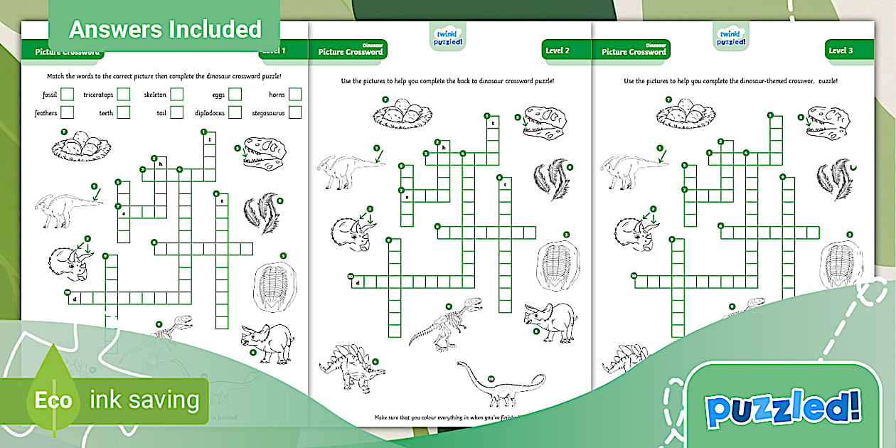 Fun Dinosaurs Picture Crossword Puzzle Pack - Twinkl Puzzled