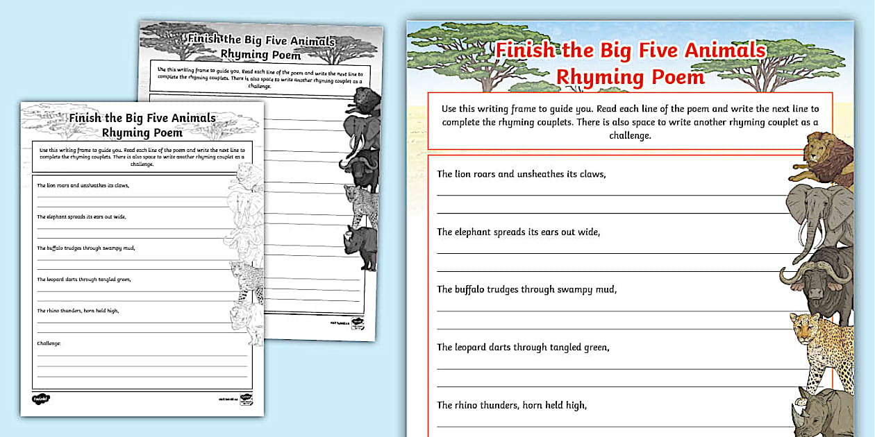 Writing Prompt: Finish the Big Five Animals Rhyming Poem Worksheet