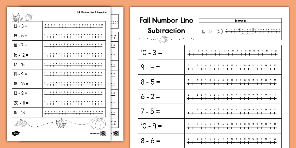 Fall-Themed Number Line Subtraction From 20 Activity K-2nd