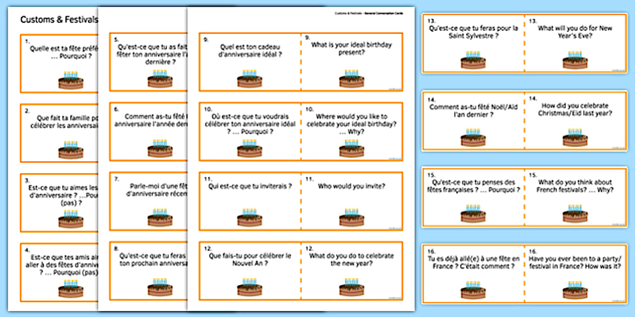 Customs and Festivals Question Cards French