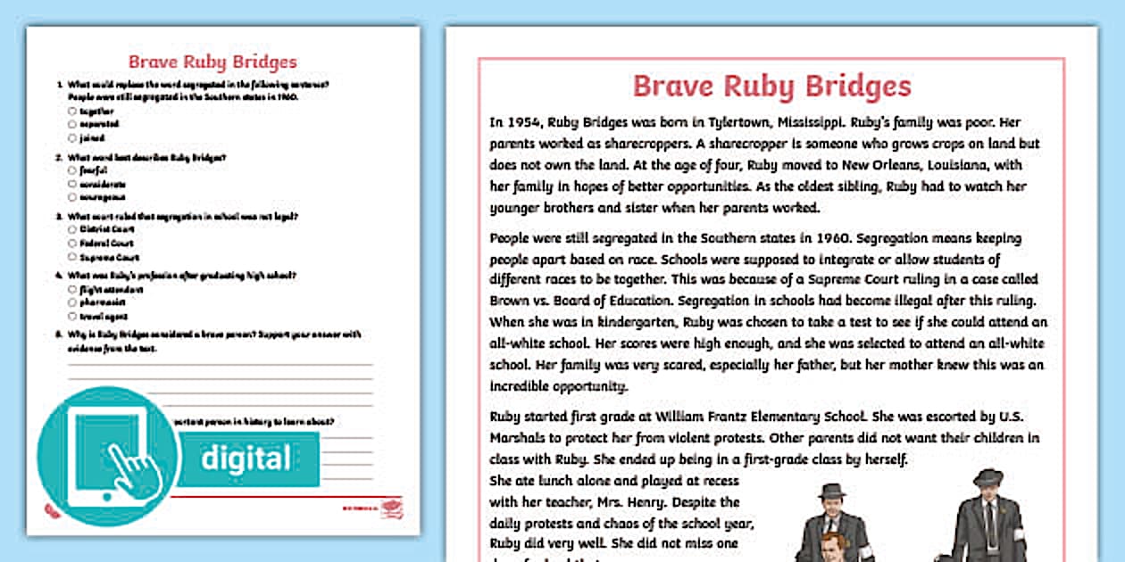 Fourth Grade Brave Ruby Bridges Reading Comprehension Worksheet