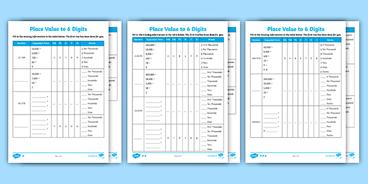 Black and White Differentiated Place Value to 6 Digits Activity