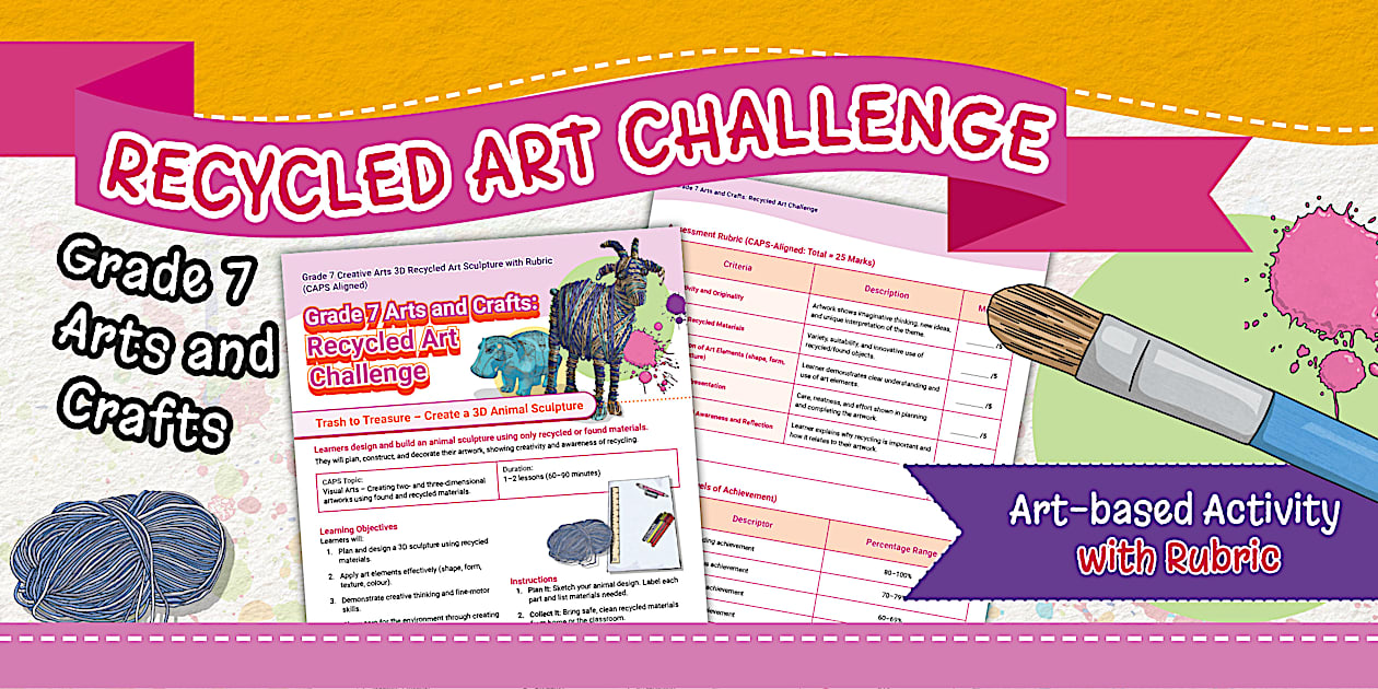 Grade 7 Creative Arts 3D Recycled Art Sculpture with Rubric (CAPS Aligned)