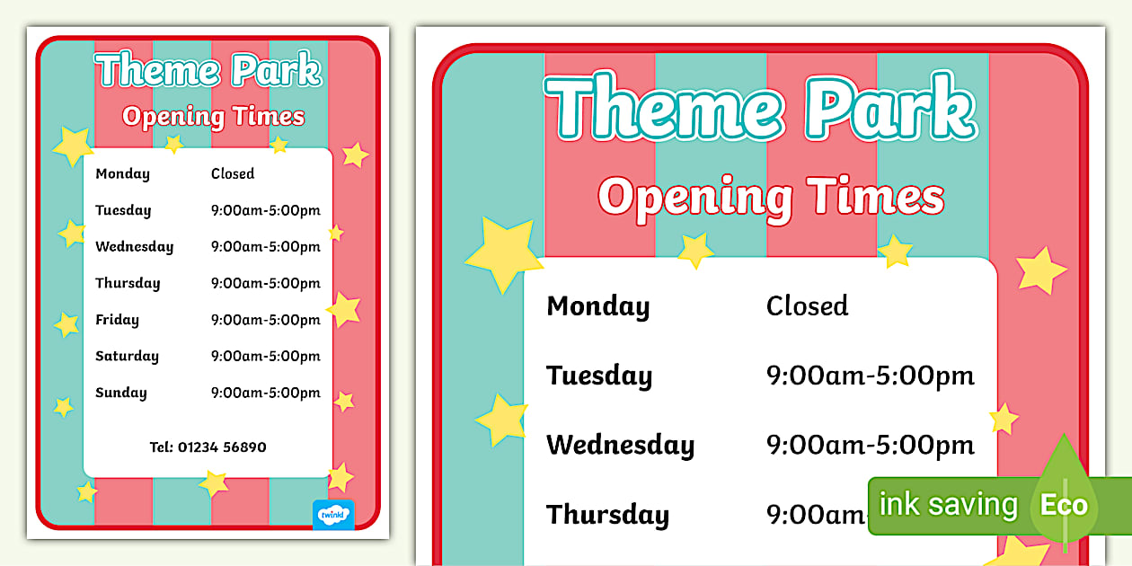 Theme Park Opening Times (Hecho por educadores) - Twinkl