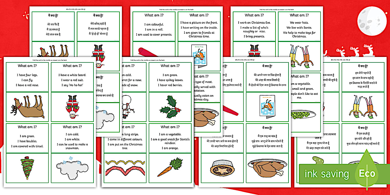What am I? Christmas Guessing Game English/Hindi - Twinkl