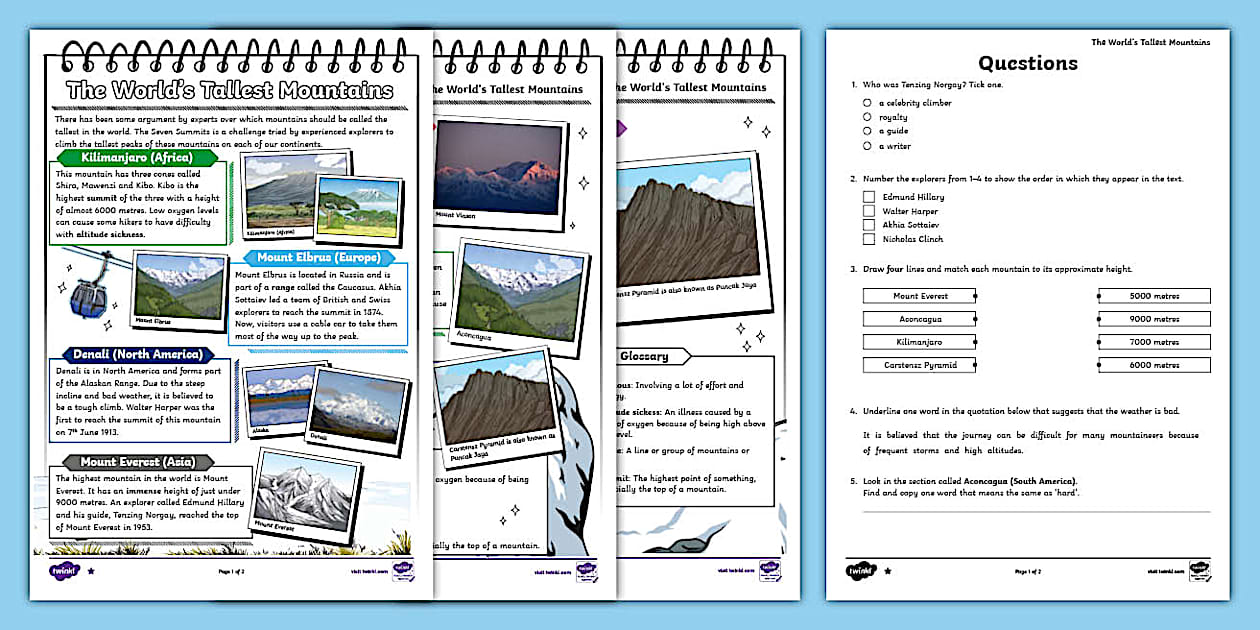 LKS2 The World's Tallest Mountains Differentiated Reading Comprehension