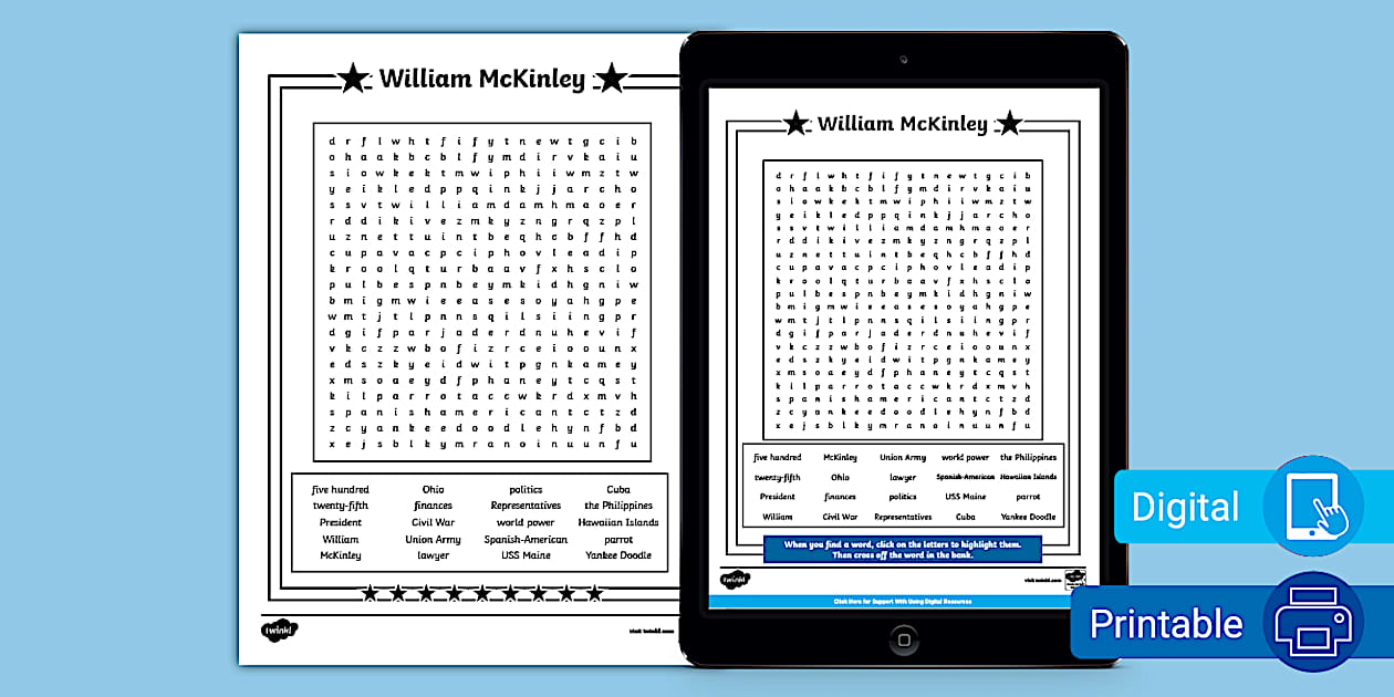 William McKinley Word Search for 6th-8th Grade - Twinkl