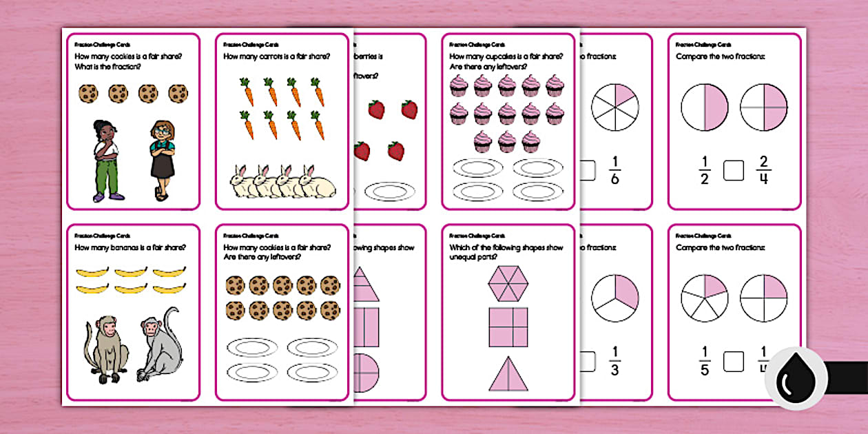 Grade 1 Fraction Challenge Cards (Hecho por educadores)