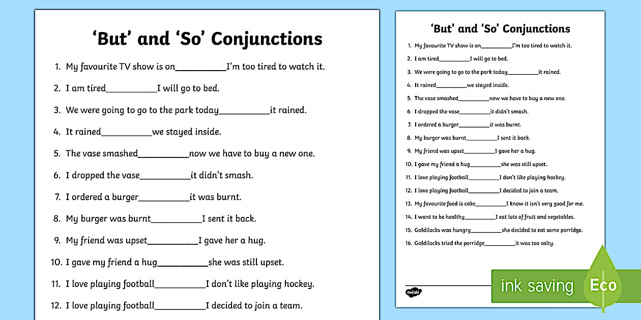 'But' and 'So' Conjunctions Worksheet (teacher made)