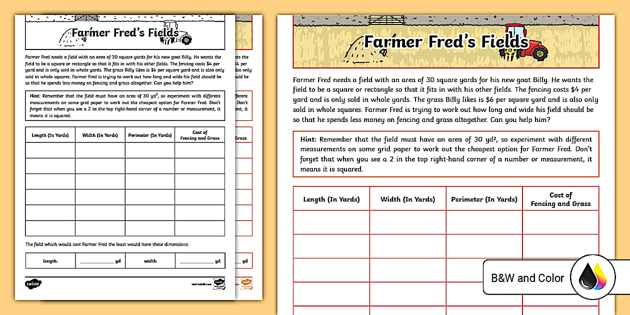 Help Farmer Fred: Perimeter and Area Worksheet for 3rd-5th Grade
