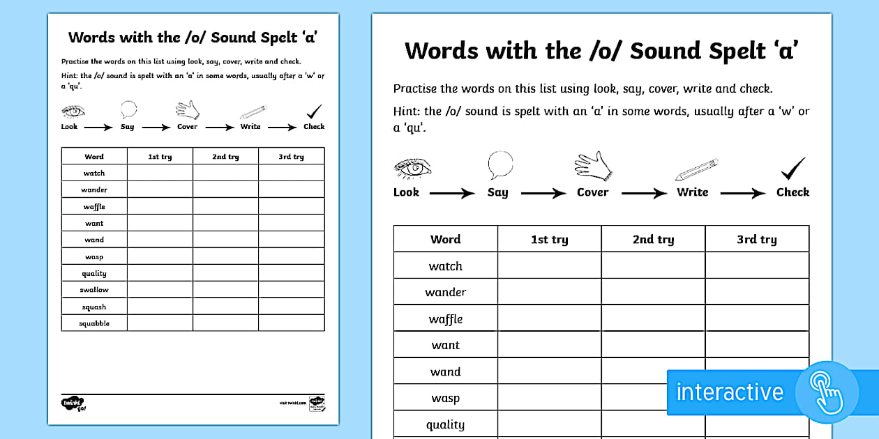 Year 2 Spelling Practice /o/ Sound Spelt 'a' Worksheet