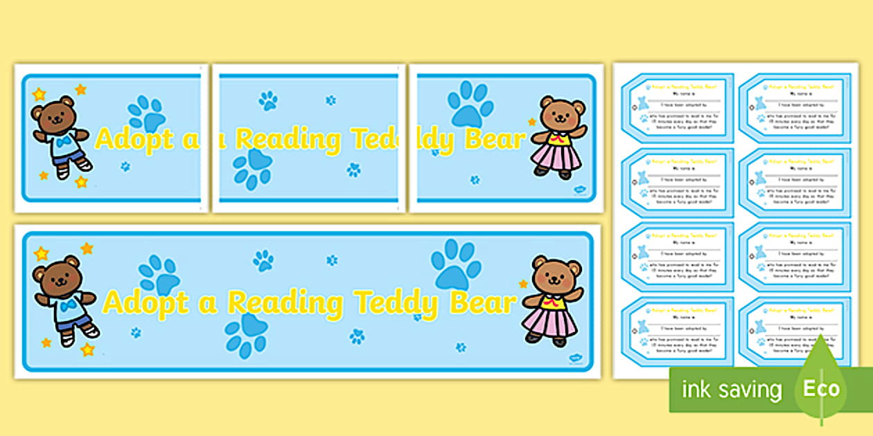 Adopt a Reading Teddy Bear Banner and Name Tags - Twinkl