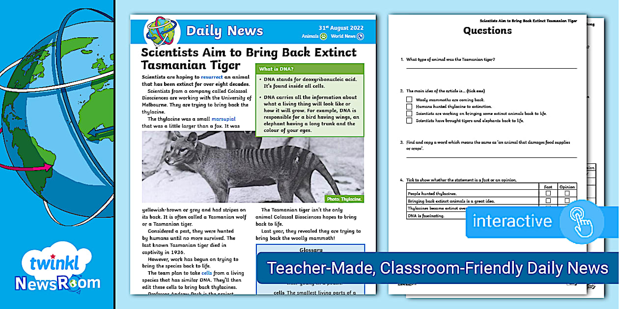 Extinct Tasmanian Tiger News For Kids | Twinkl Resources