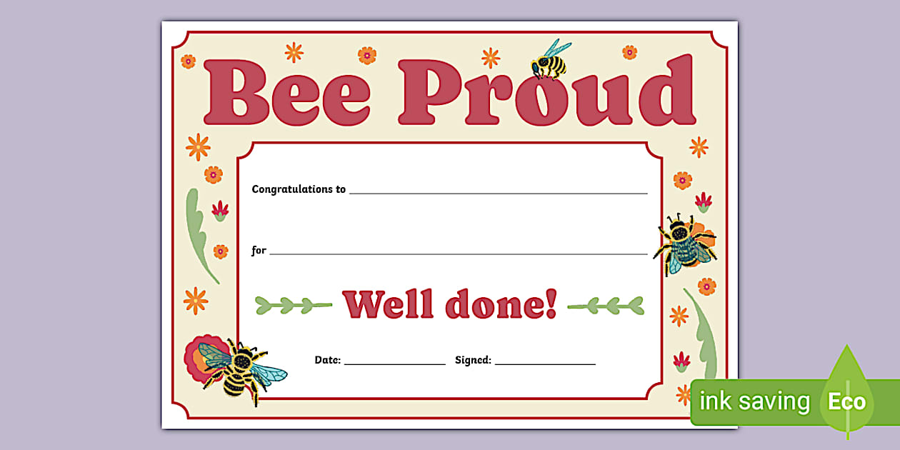 Bee-Themed Bee Proud Certificate (teacher made) - Twinkl