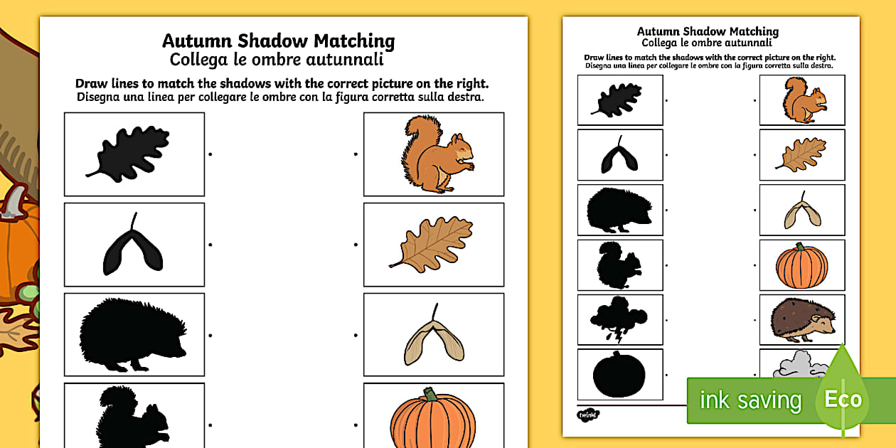 Autumn Shadow Matching Worksheet / Worksheet English/Italian - Autumn ...