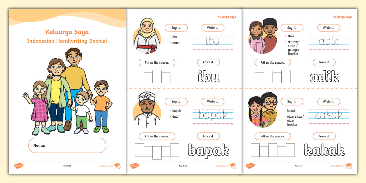 Indonesian Family Handwriting Practise Sheets