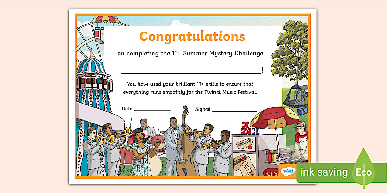 11+ Summer Mystery Challenge Completion Certificate - Twinkl