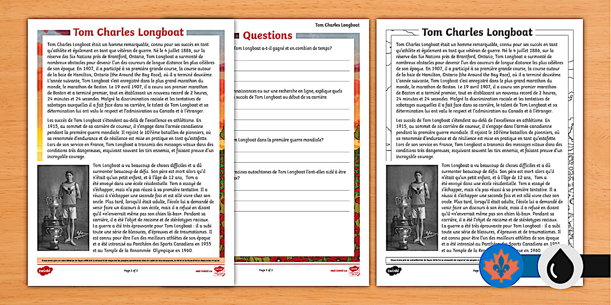Tom Longboat Reading Comprehension French (teacher made)