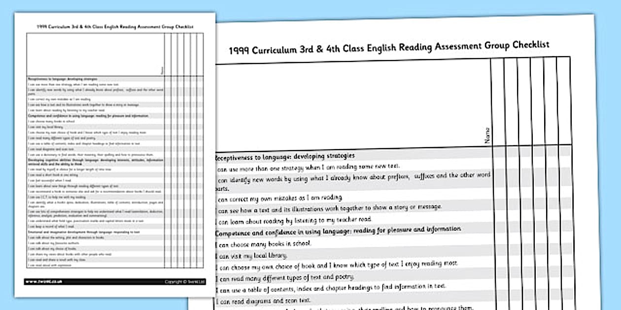 1999 Curriculum 3rd & 4th Class English Reading Assessment Group checklist