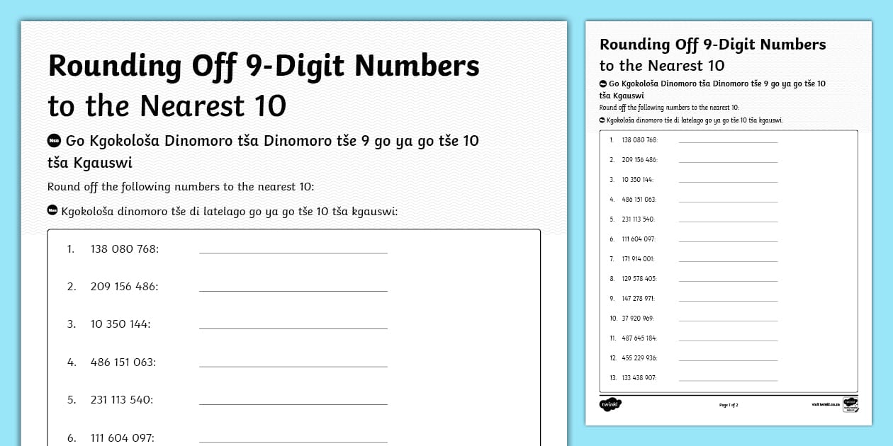 Rounding Off 9-Digit Numbers to the Nearest 10 Activity Sheet Sepedi