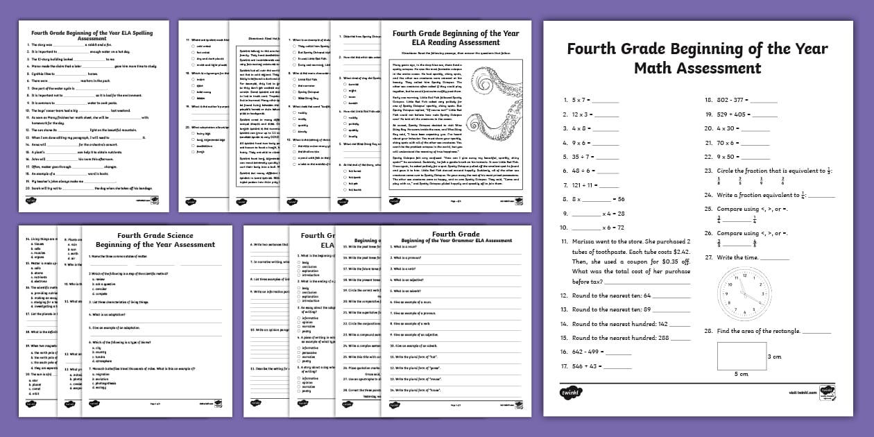 Fourth Grade Beginning of the Year Assessment Pack - Twinkl