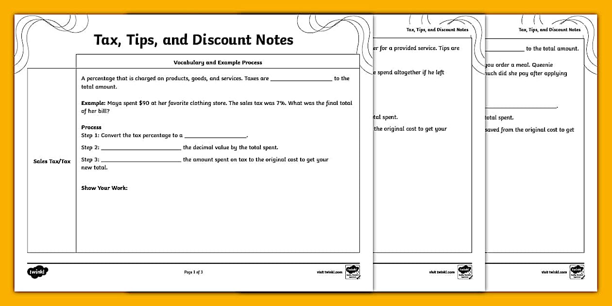 Seventh Grade Tax, Tips, and Discount Notes and Graphic