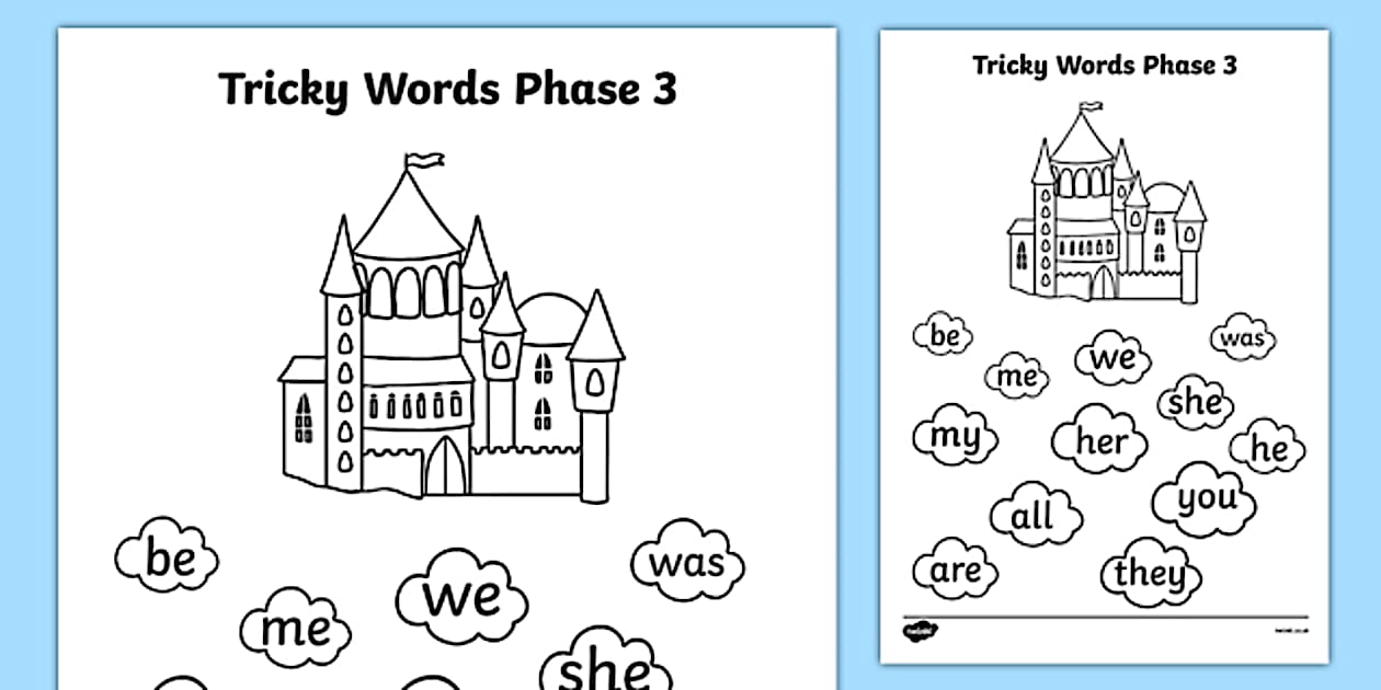 Editable Phase 3 Tricky Word Stepping Stone Colouring Worksheet